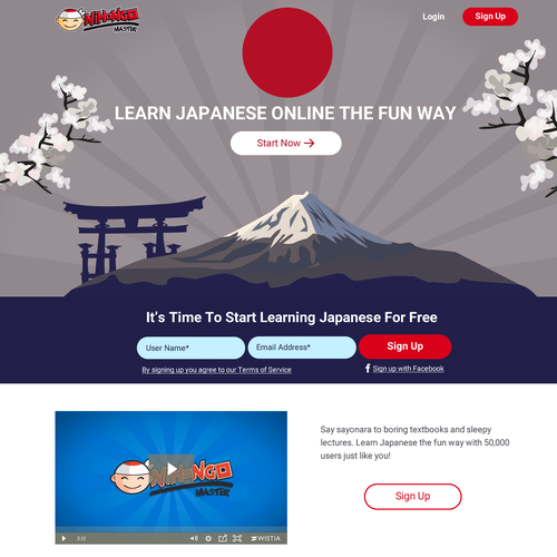 Design a friendly and fun landing page for Nihongo Master, a Japanese ...