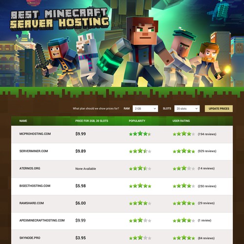 Design a front page for a Minecraft hosting review site | Web page ...