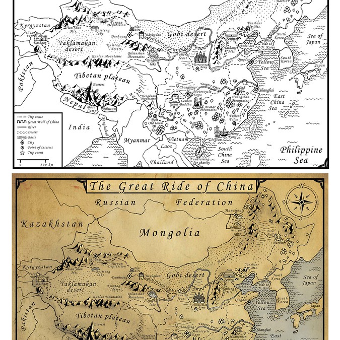 Annotated, vintage map of China for travel/adventure book ...