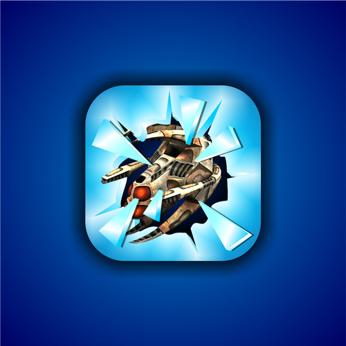 App icon that is crips, clear and bright. Alien ship smashing through ...