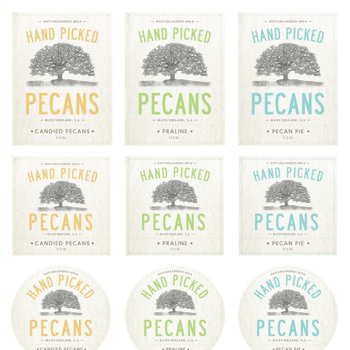 Create a classic and fun label for packaged pecan candy and pies ...