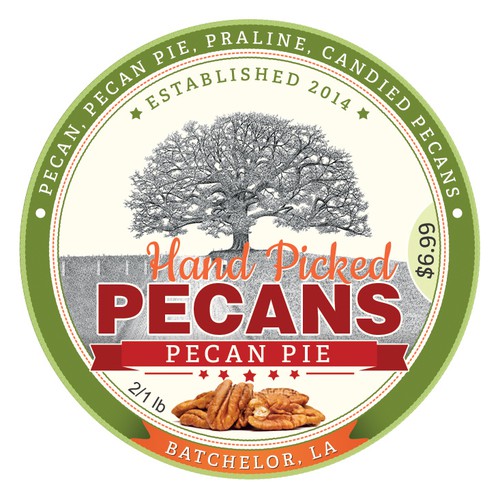 Create a classic and fun label for packaged pecan candy and pies ...