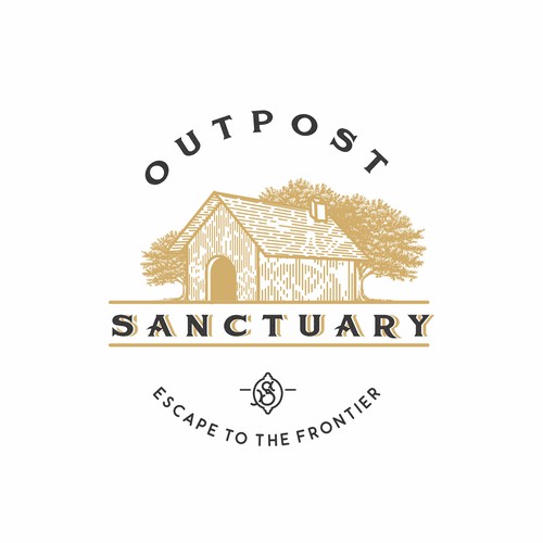 Design a logo that captures the look of a rugged outpost log cabin and ...