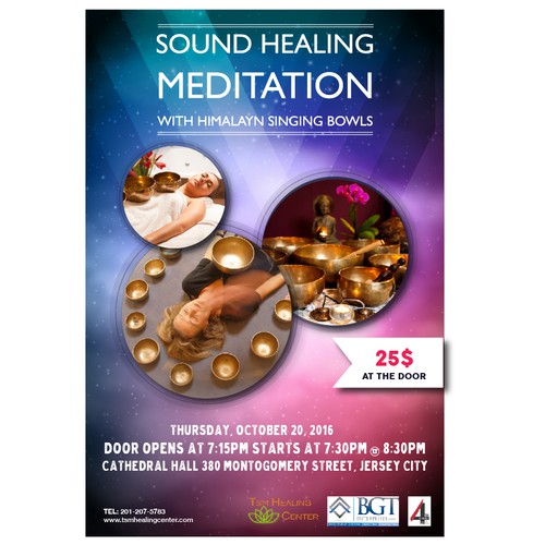 Design an event flyer for group sound meditation with Himalayan singing ...