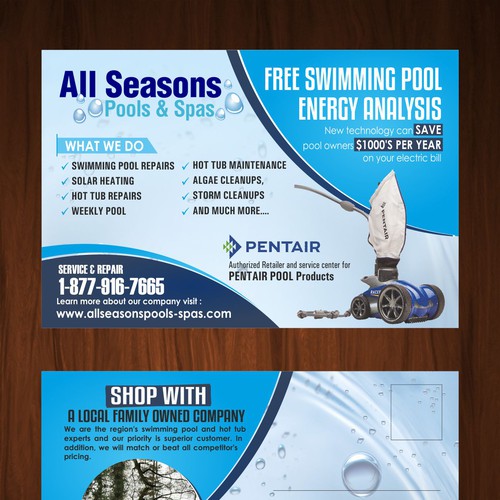 Postcard design for growing pool and hot tub company. All Seasons Pools ...