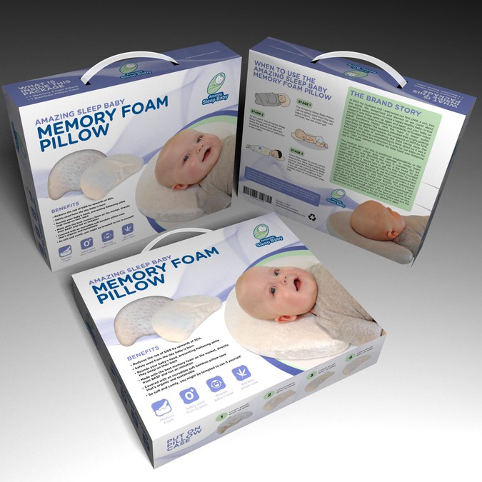 Retail package for a memory foam pillow that keeps baby's heads round ...