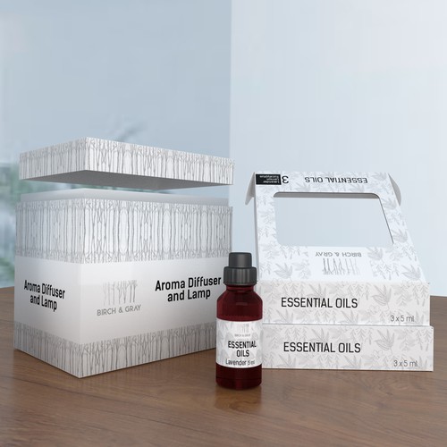 Create a standout packaging design for our Birch & Gray Aroma Diffuser ...