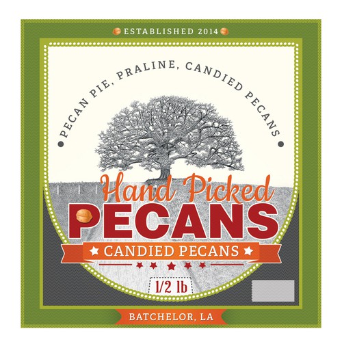 Create a classic and fun label for packaged pecan candy and pies ...