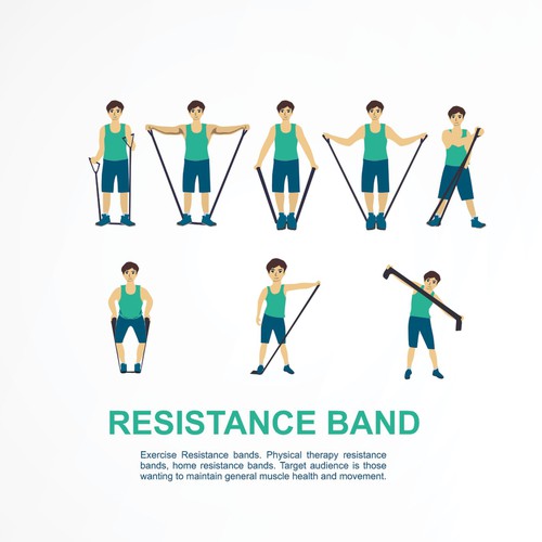Create a cartoon like resistance band exercise instruction manual for ...