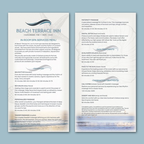 San Diego Beach Hotel: In-Room Spa Menu | Menu contest