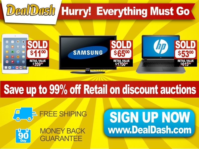 Create a unique 800x600px interstitial banner ad for DealDash (Blind ...