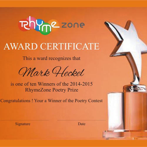 Create a beautiful award certificate for the RhymeZone Poetry Prize ...