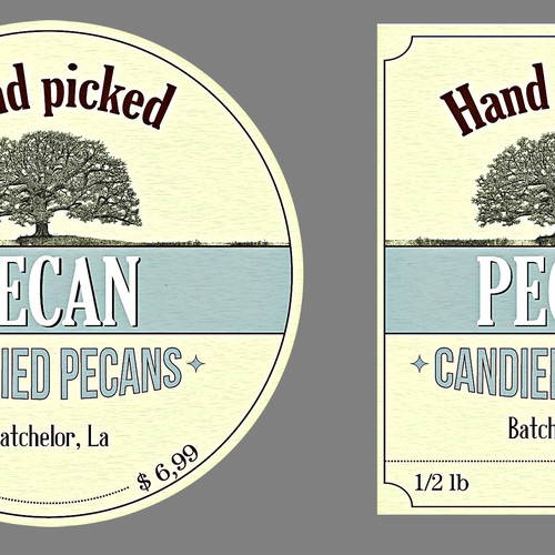 Create a classic and fun label for packaged pecan candy and pies ...