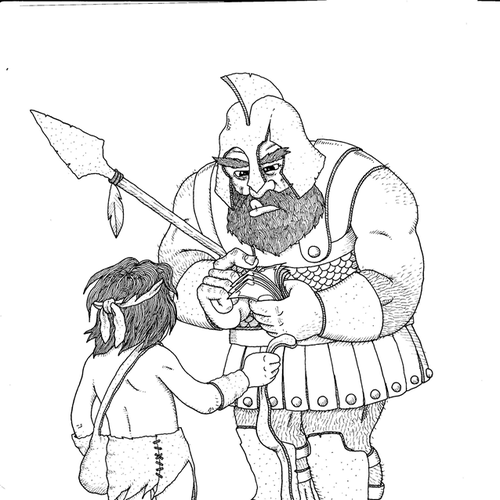 Drawing of David selling his sling to Goliath | Print or packaging ...