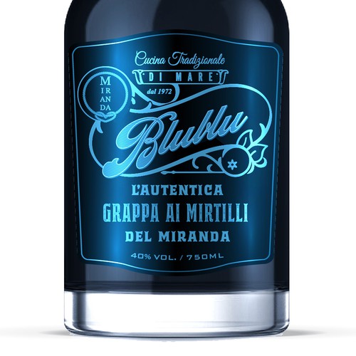 Create label for the liquor bottle: "BluBlu" - The only blueberry ...