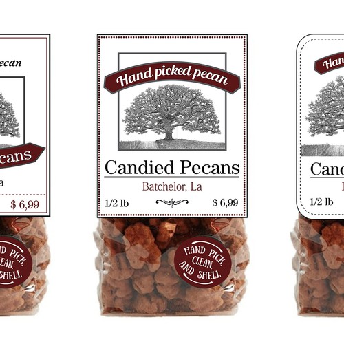 Create a classic and fun label for packaged pecan candy and pies ...