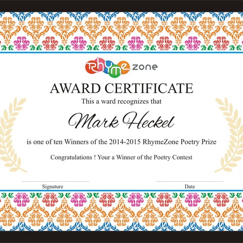 Create a beautiful award certificate for the RhymeZone Poetry Prize ...