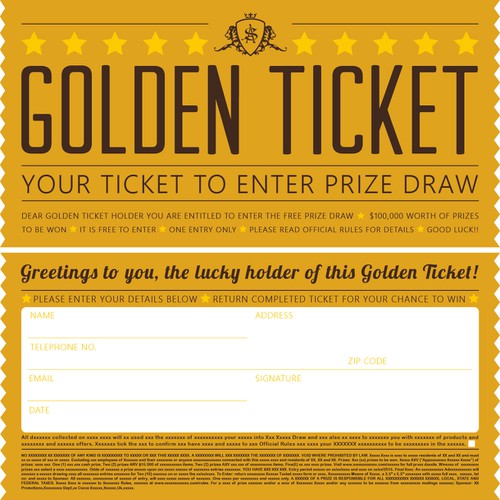 Create a 'Golden Ticket' Entry Form for a Prize Giveaway; to be used in ...