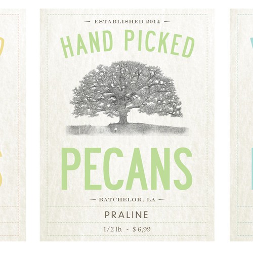 Create a classic and fun label for packaged pecan candy and pies ...