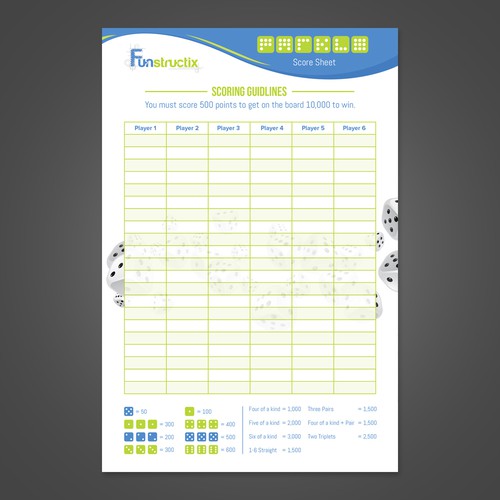 Design a custom score sheet for a popular dice game for the Funstructix ...