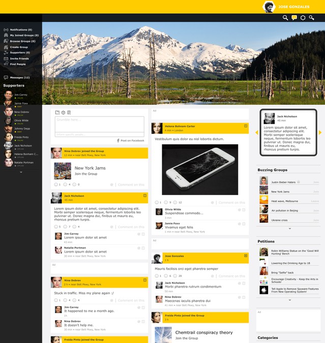 Social Networking User Interface (Main Page Layout) | Other web or app ...