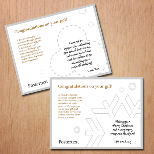 Design a gift note template for our literary poster company ...
