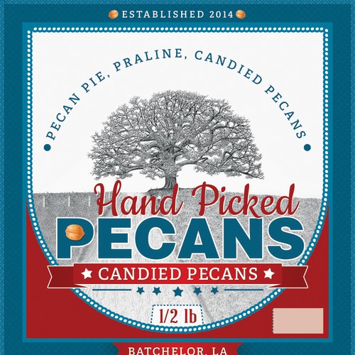 Create a classic and fun label for packaged pecan candy and pies ...